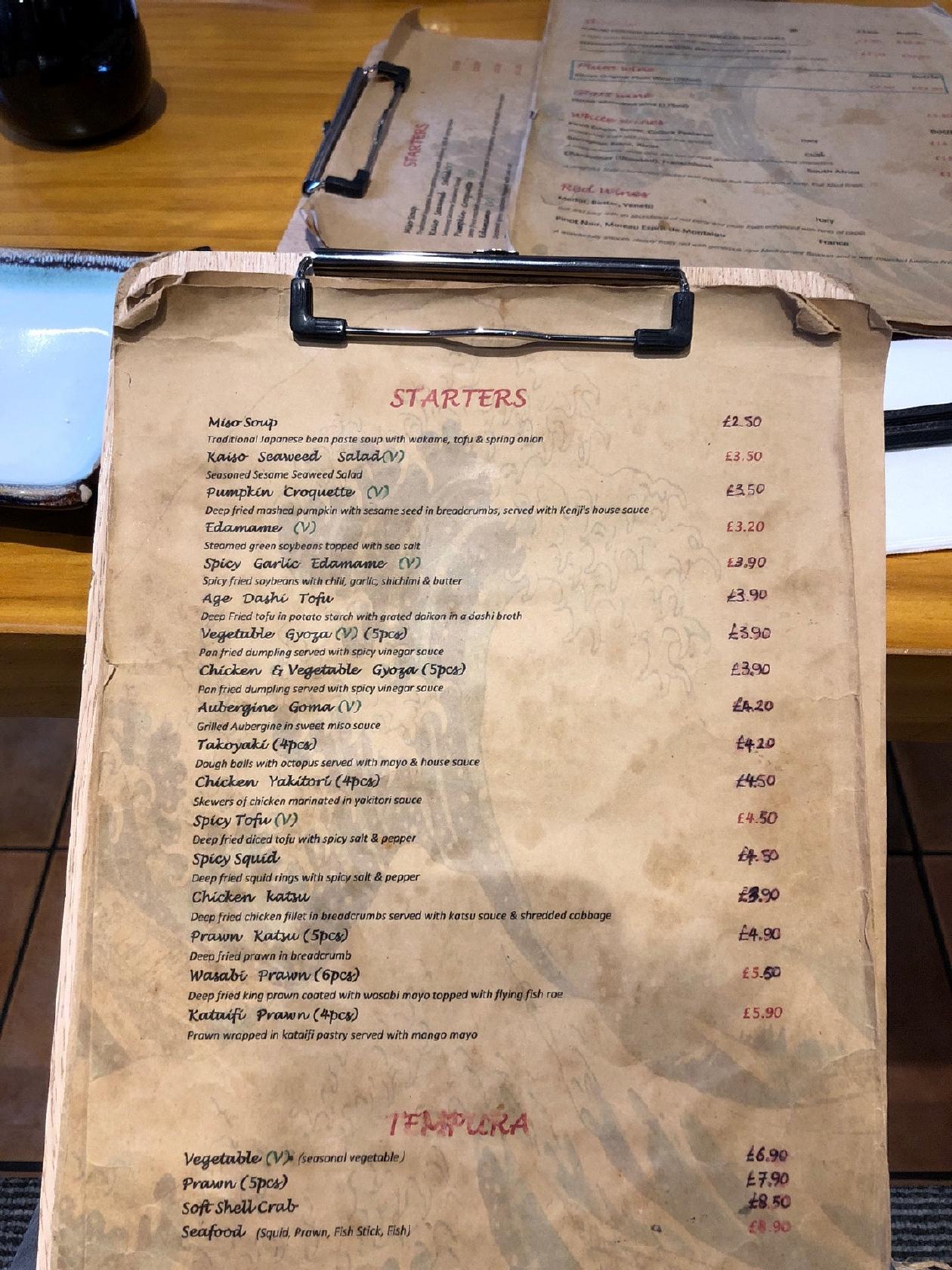 Menu at Kenji Sushi restaurant, Edinburgh