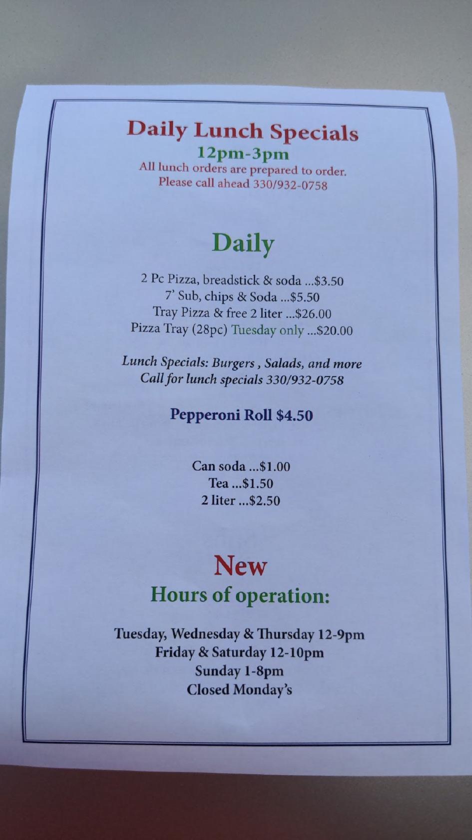 Menu at Marko's Pizza restaurant, East Liverpool