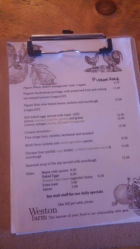 Menu at Pigeon Hole restaurant, West Hobart