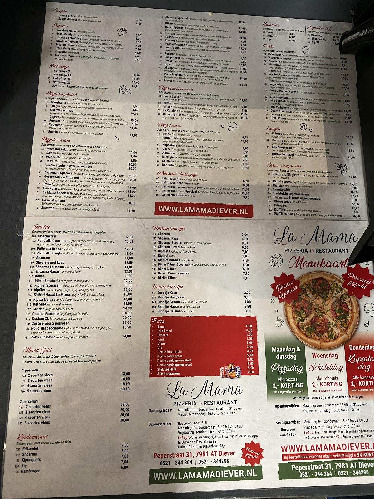 Menu at Pizzeria La Mama, Diever