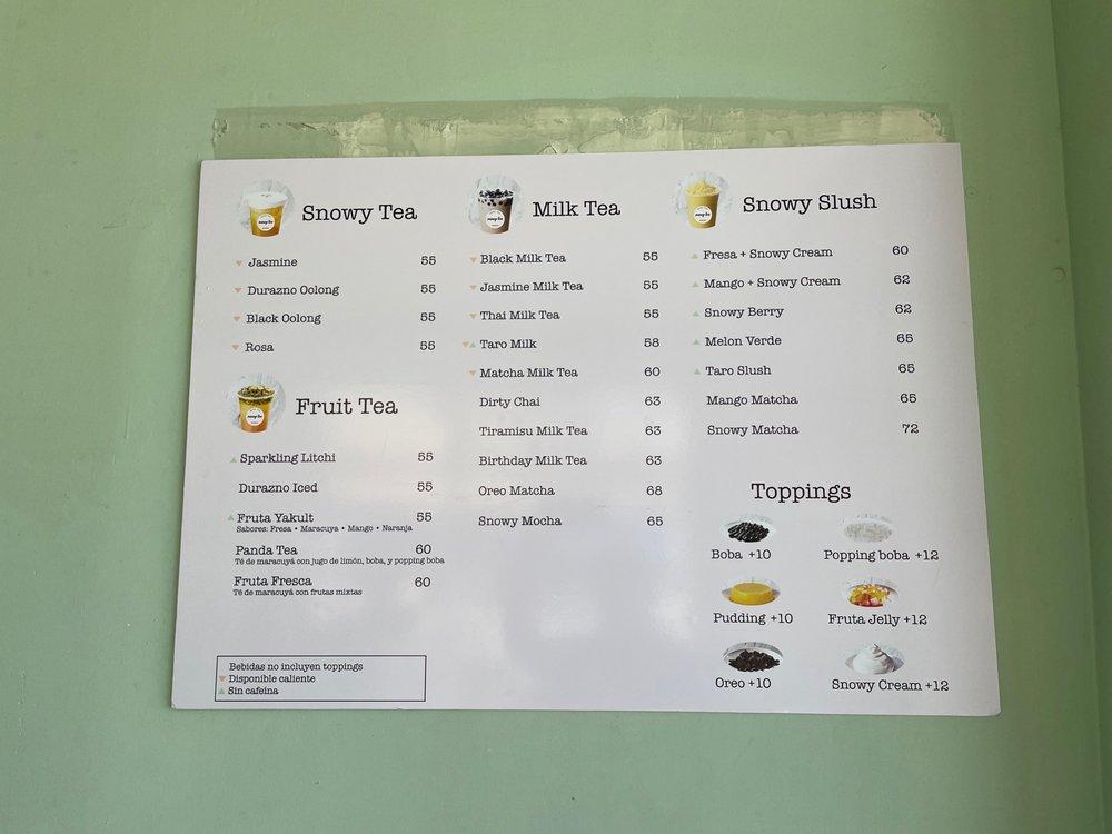 Menu at Snowy Tea desserts, Tijuana