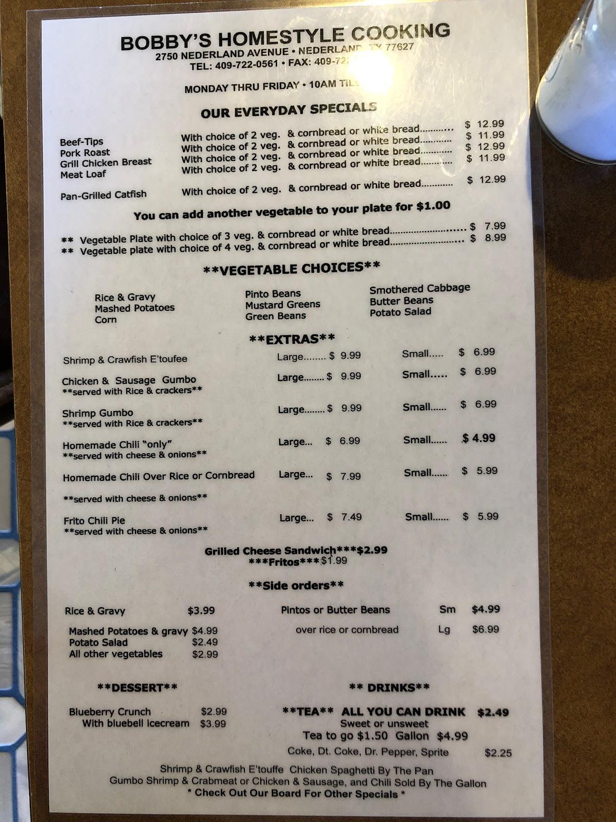 Menu at Bobby's Homestyle Cooking restaurant, Nederland