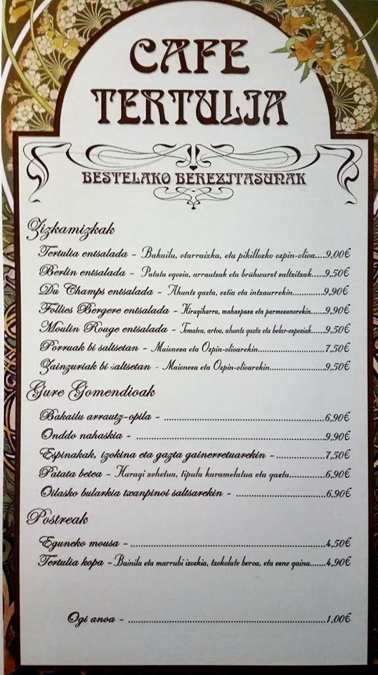 Menu at Café Tertulia, Vitoria-Gasteiz