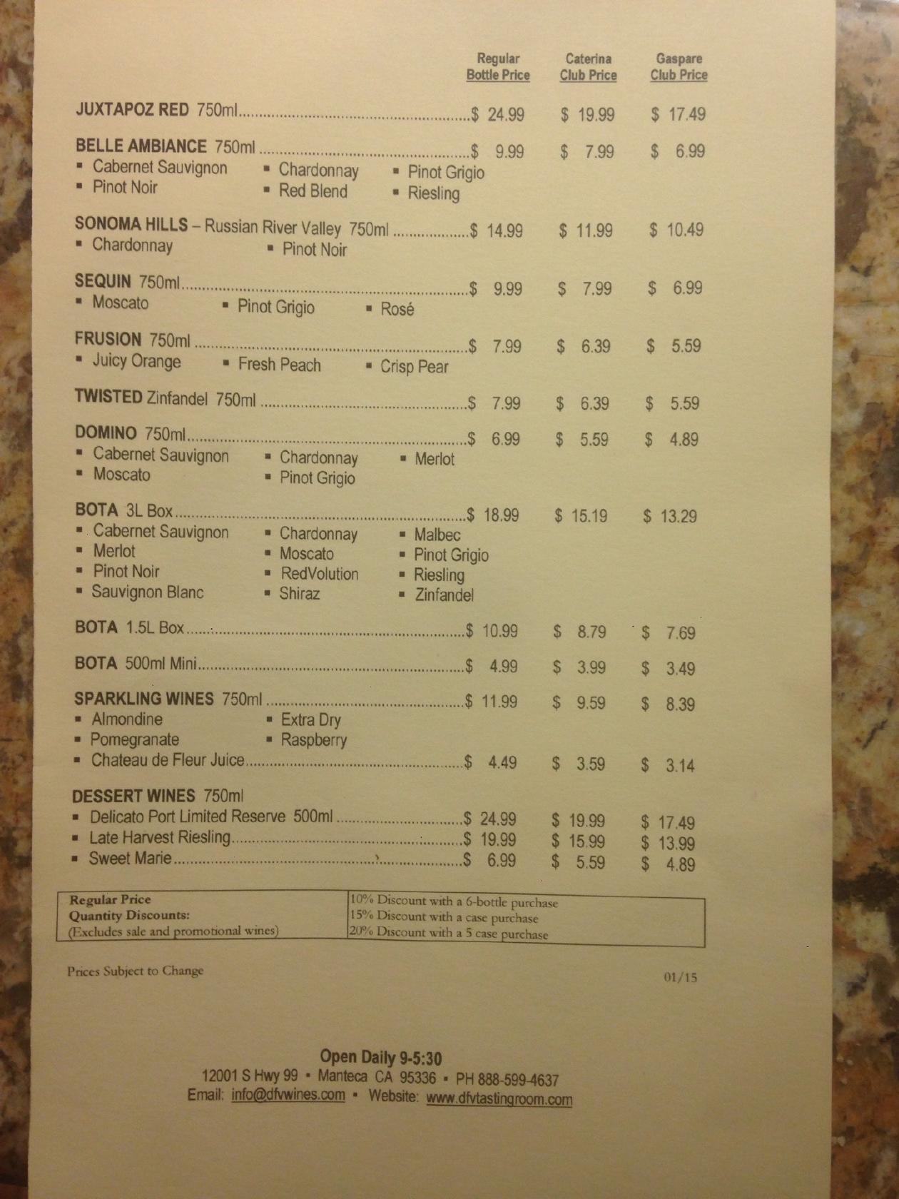 Menu at Delicato Vineyards & Tasting Room, Manteca