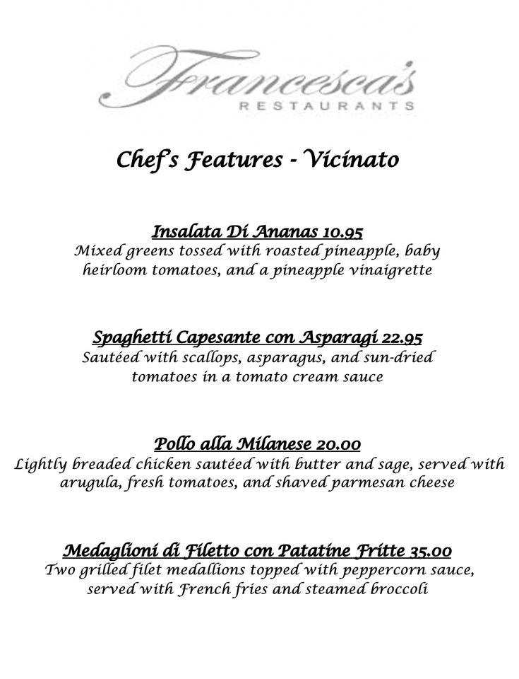 Menu at Francesca's Vicinato restaurant, Palos Park