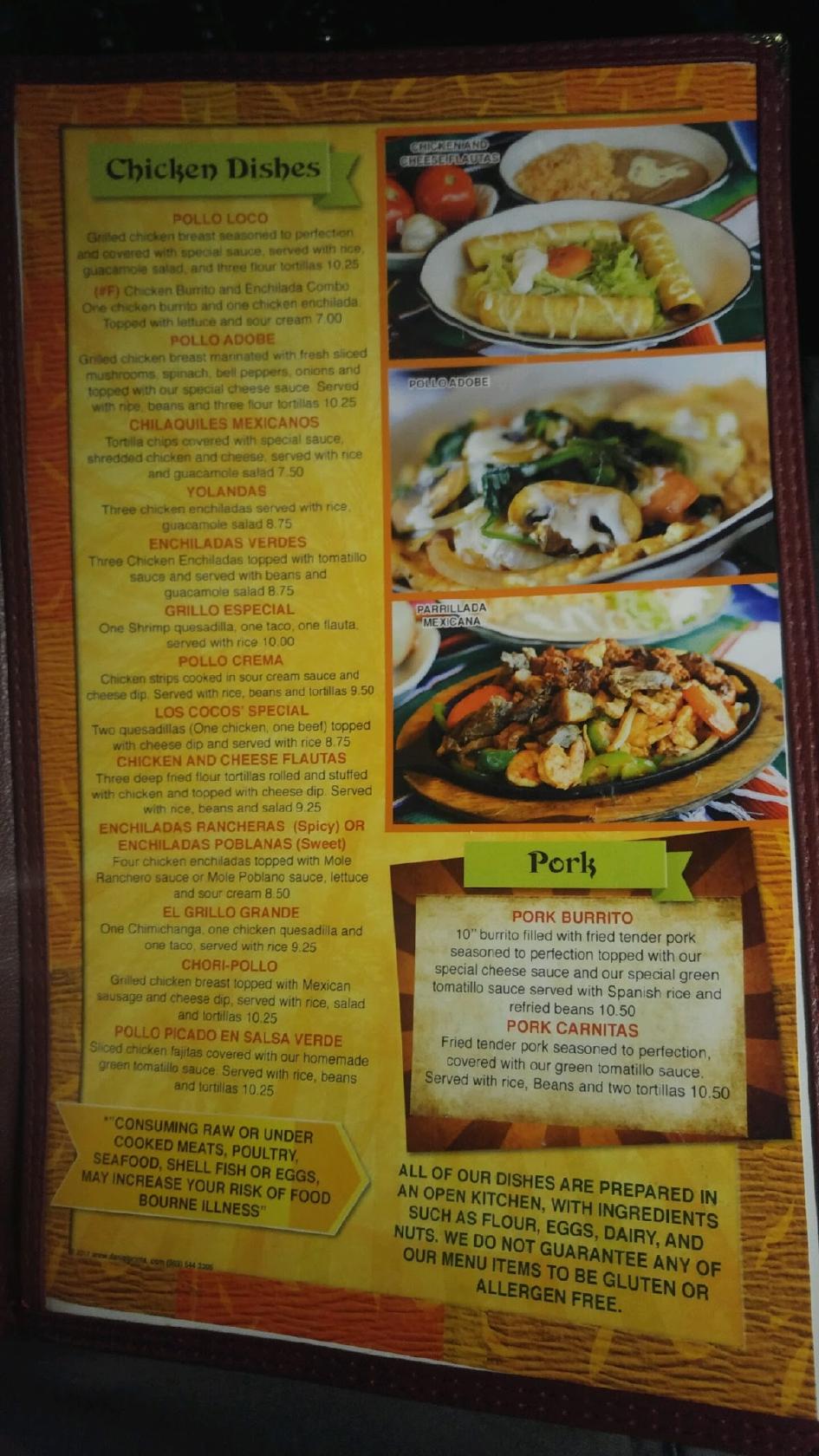 Menu at Los Cocos restaurant, South Hill