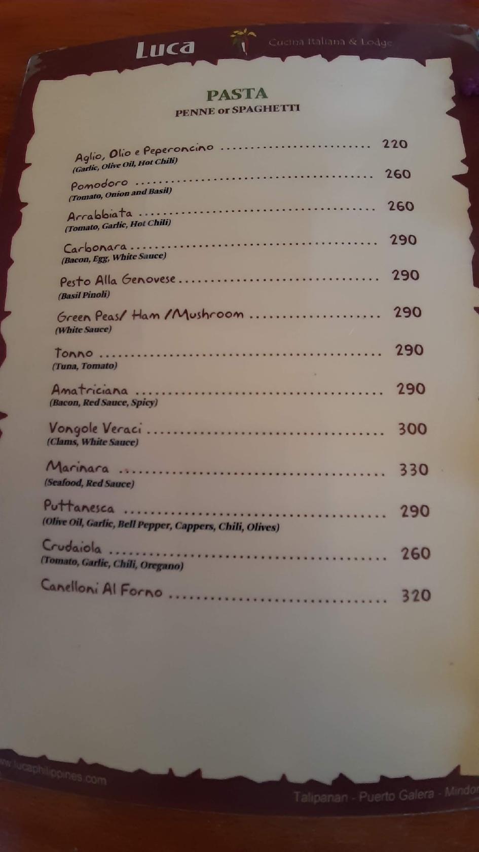 Menu at Luca's Cucina Italiana & Lodge restaurant, Puerto Galera