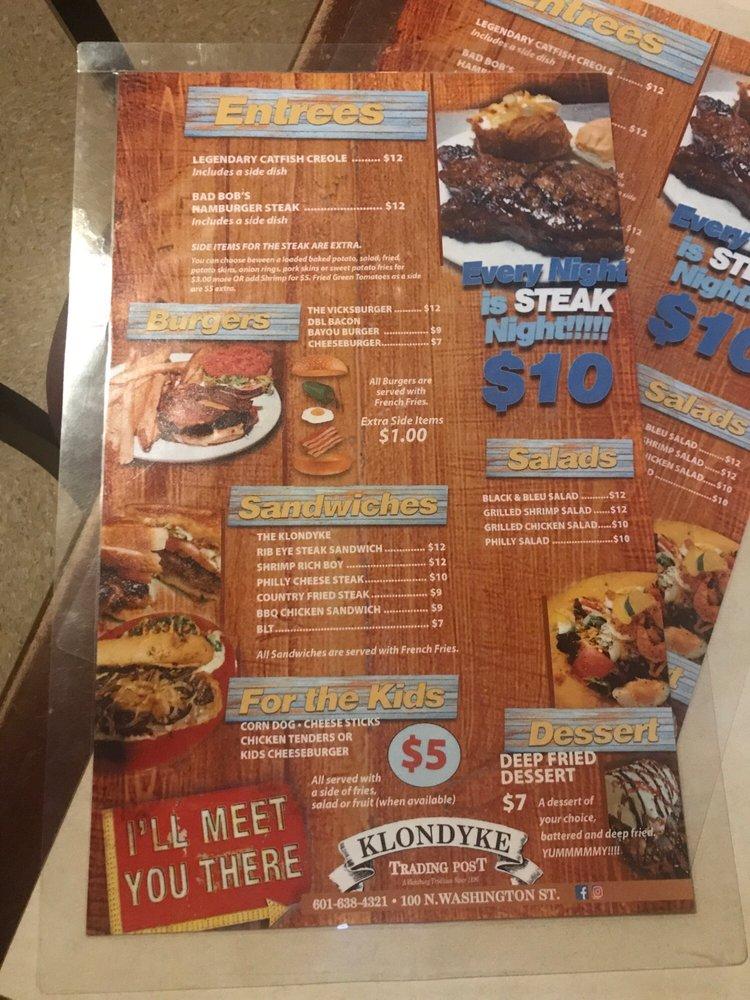 Menu at The Historic Klondyke Trading Post fast food, Vicksburg