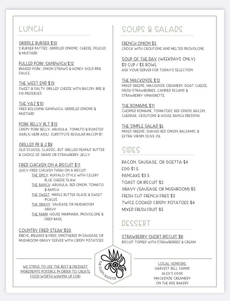 Menu at The Sleepy Rooster restaurant, South Russell