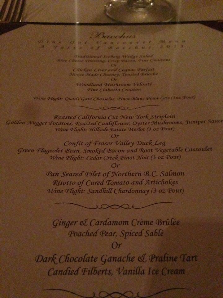 Menu at Bacchus Restaurant & Lounge, Vancouver