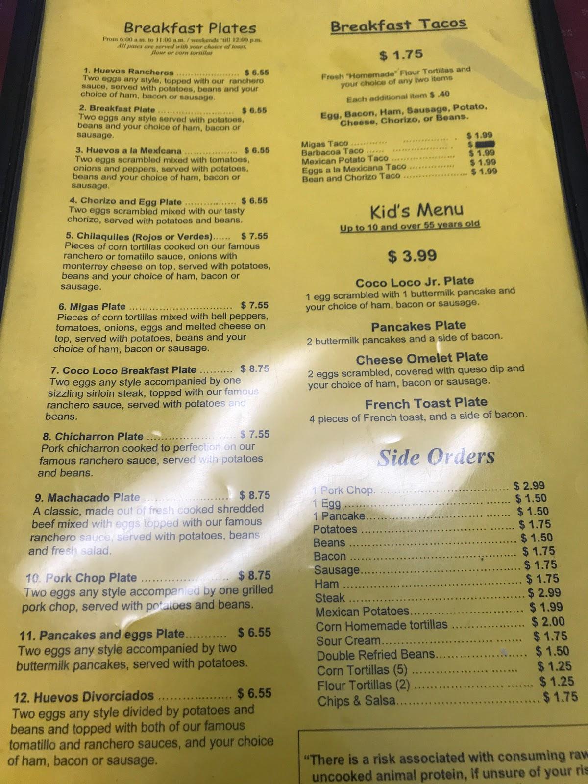 Menu at Coco Loco restaurant, Bryan, Texas Ave