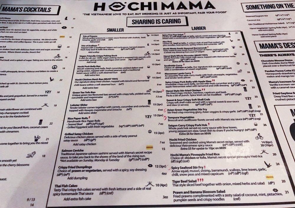 Menu at Hochi Mama restaurant, Melbourne