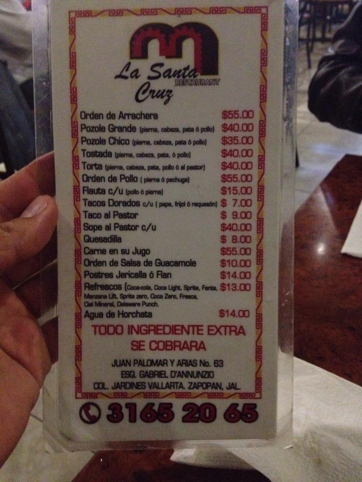 Menu at La Santa Cruz restaurant, Zapopan, Av. Juan Palomar y Arias 63