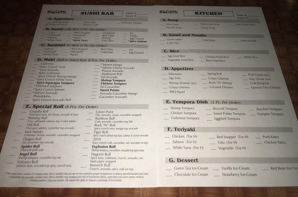 Menu at Nagomi restaurant, Glenside