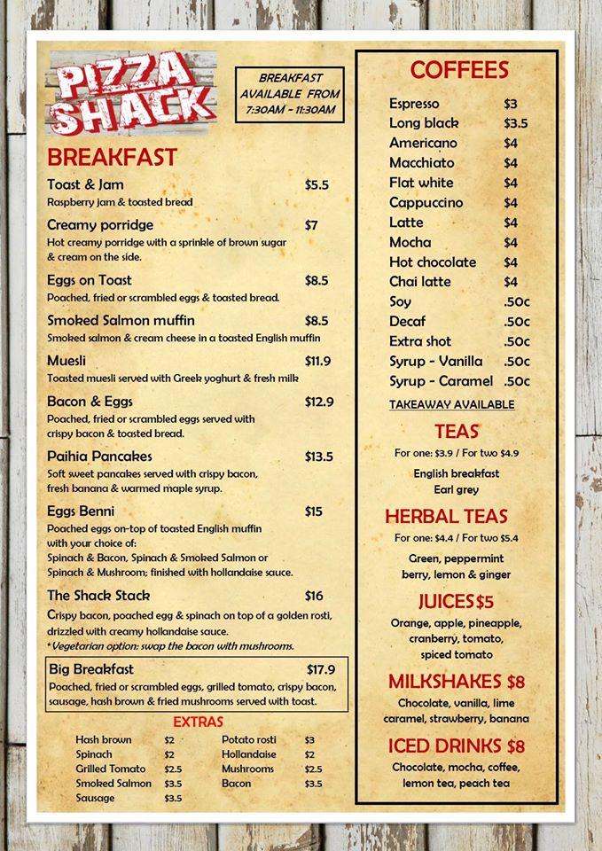 Menu at PIZZA SHACK pizzeria, Paihia