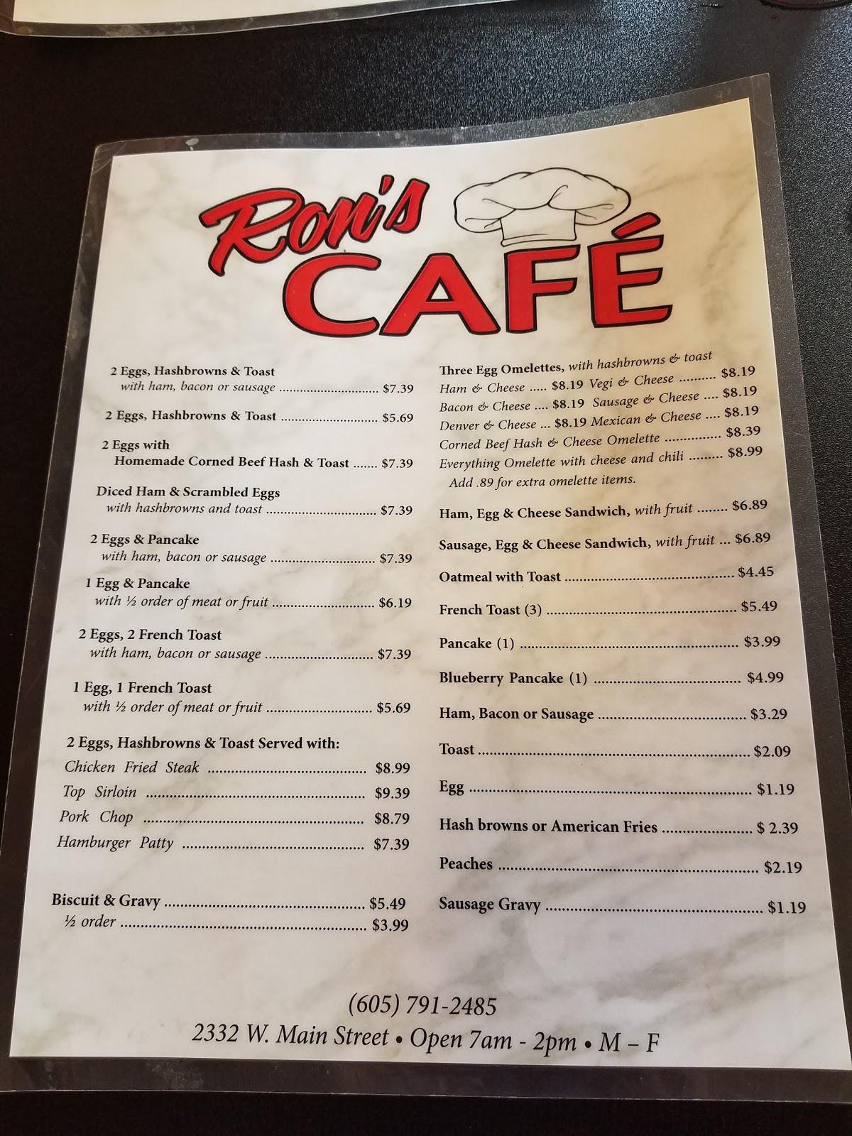 Menu at Ron's Café cafe, Rapid City