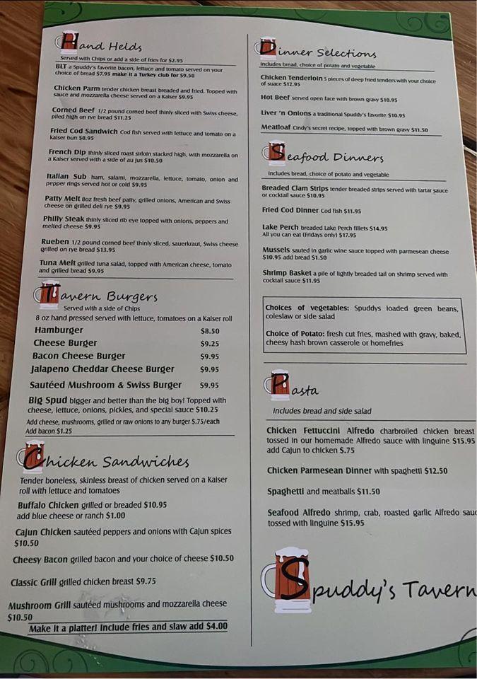 Menu at Spuddy's Tavern pub & bar, Mentor-on-the-Lake