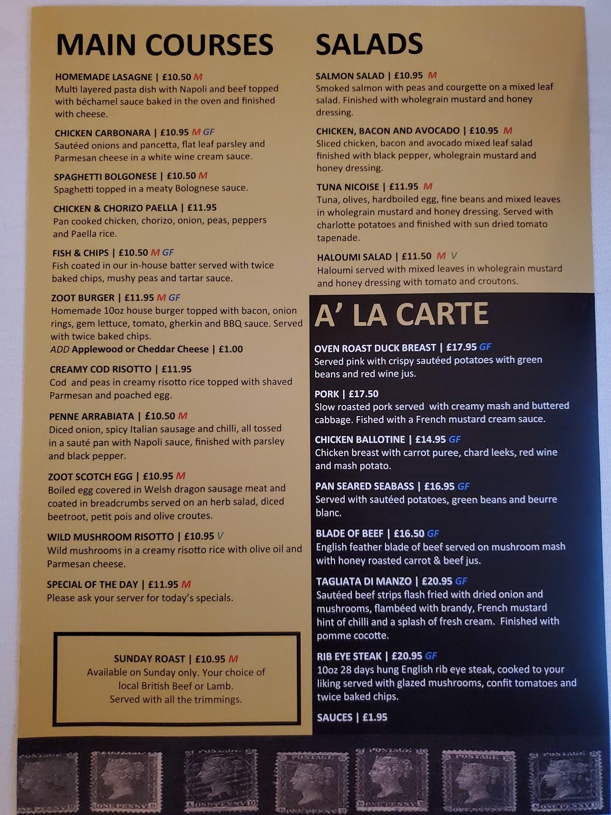 Menu at Cafe Zoot, Lincoln