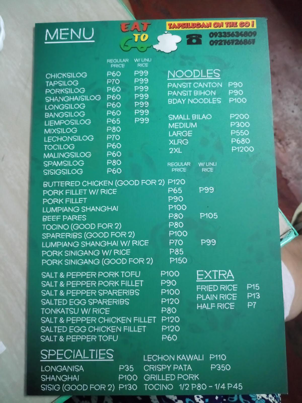 Menu at Eat To Go restaurant, San Juan