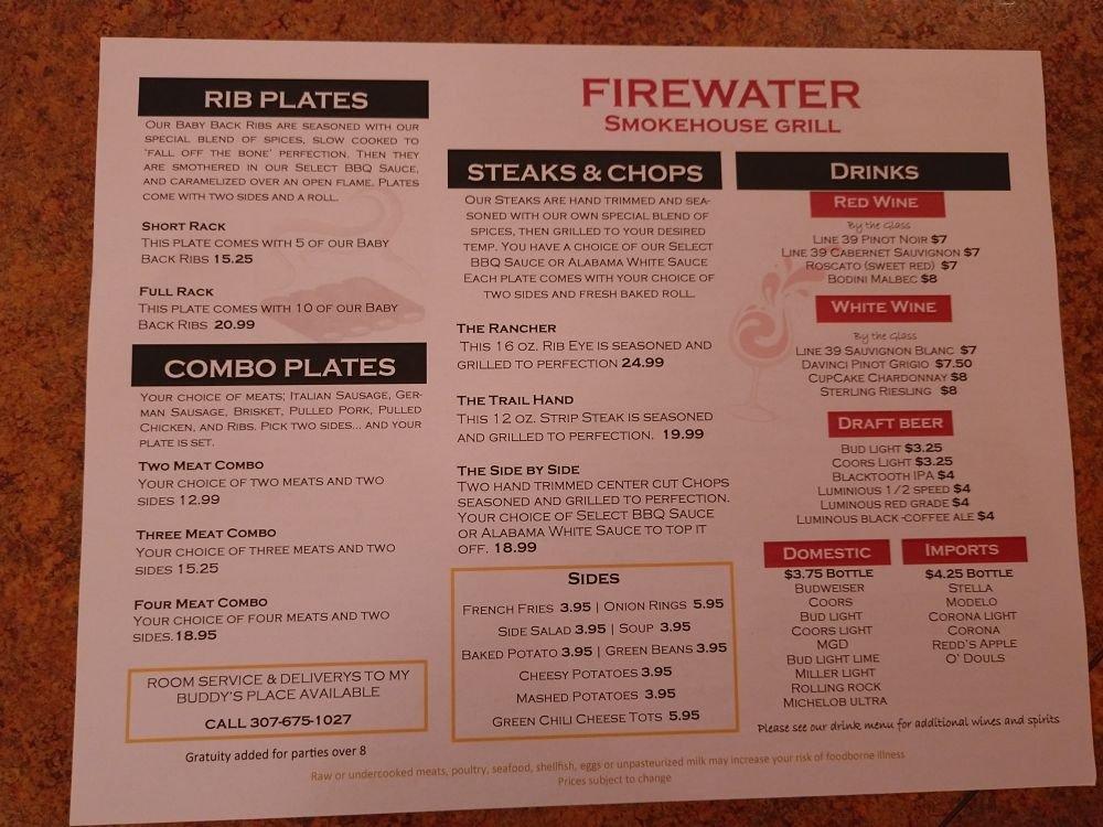 Menu at Firewater Smokehouse Grill BBQ, Sheridan