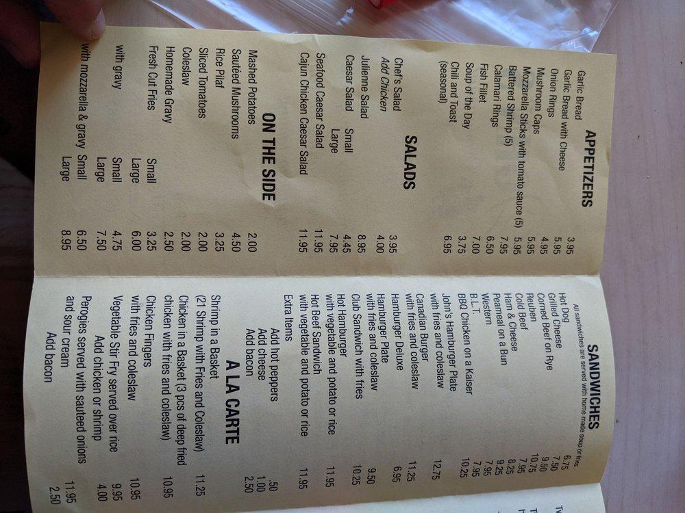 Menu at John's Restaurant, Niagara Falls