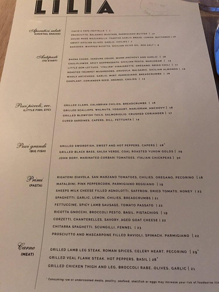 Carta del pub y bar Lilia, Nueva York, 567 Union Ave
