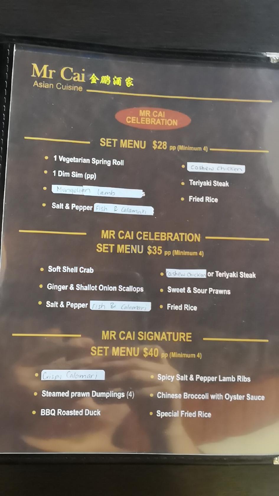 Menu at Mr Cai Asian Cuisine restaurant, East Gosford