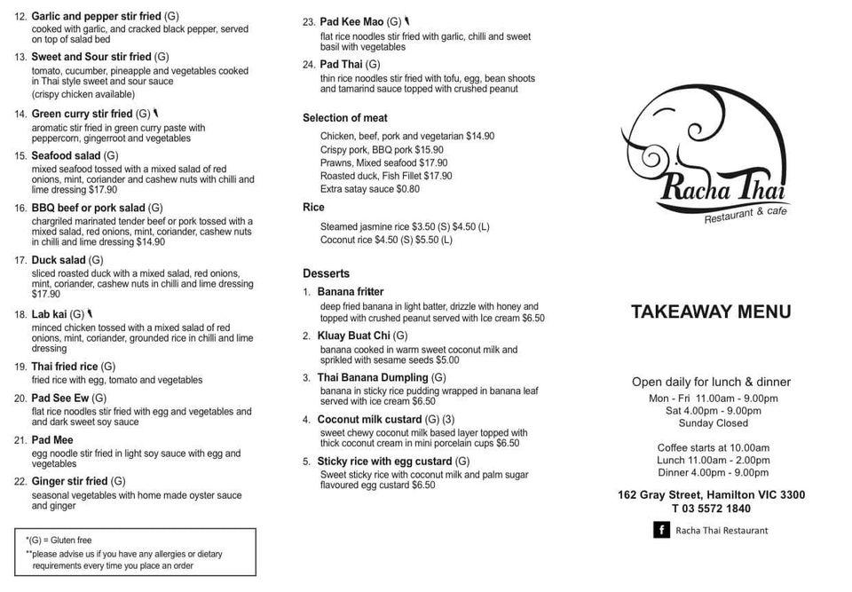 Menu at Racha Thai Restaurant, Hamilton