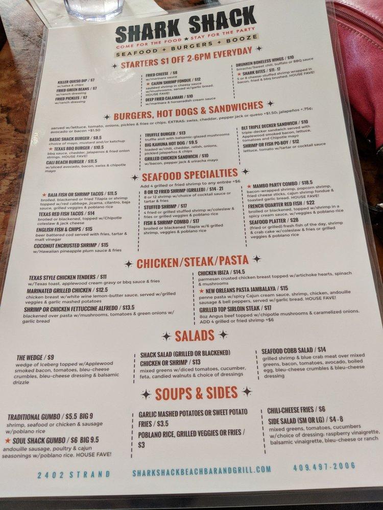 Menu at Shark Shack restaurant, Galveston