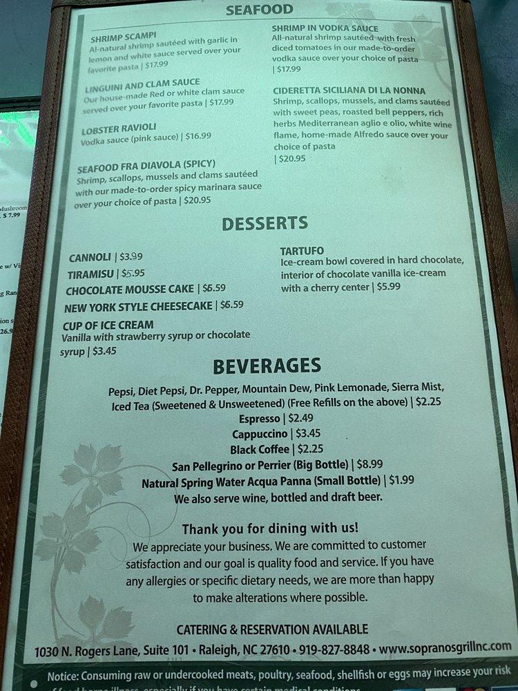 Menu at Sopranos Grill restaurant, Raleigh, N Rogers Ln STE 101
