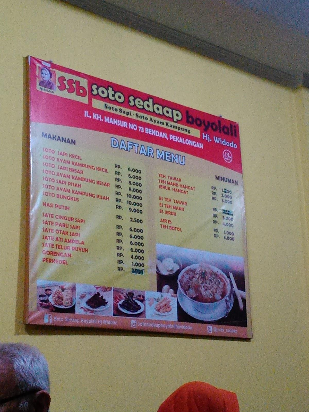 Menu at Soto Sedap Boyolali restaurant, Pekalongan