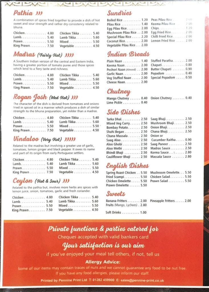 Menu at Taste Of India (Clitheroe) est. since 1997 restaurant, Clitheroe