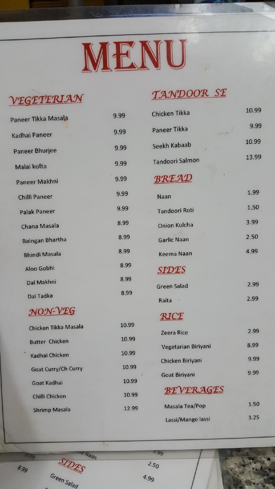 Menu at Baba Dhaba restaurant, Brampton, 255 Rutherford Rd S