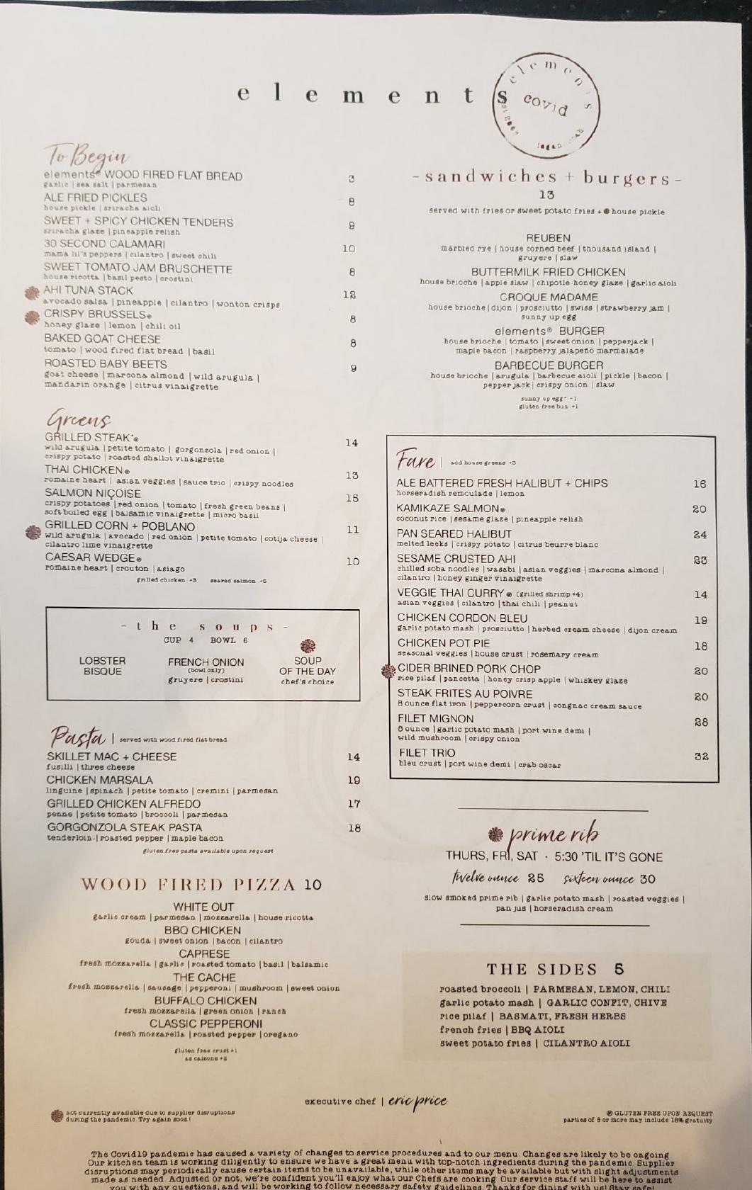 Menu at Elements Restaurant, Logan
