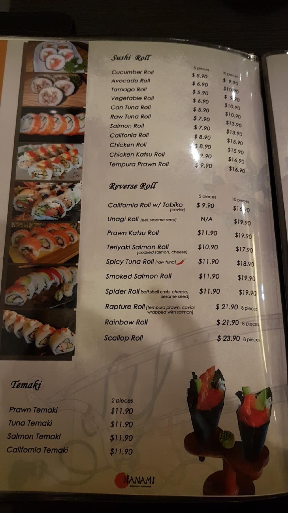 Menu at HANAMI Japanese Restaurant, Mount Lawley