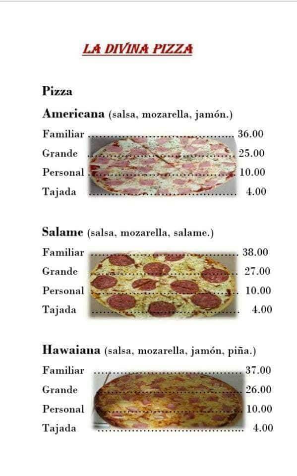Menu at La Divina Pizza restaurant, Casma District