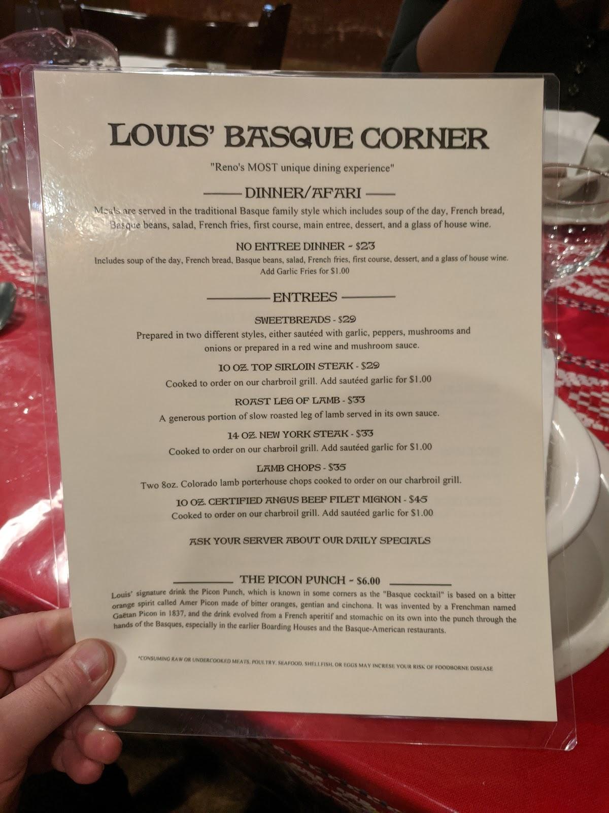 Menu at Louis' Basque Corner restaurant, Reno