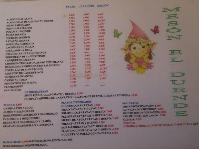 Menu at Mesón El Duende pub & bar, Cádiz