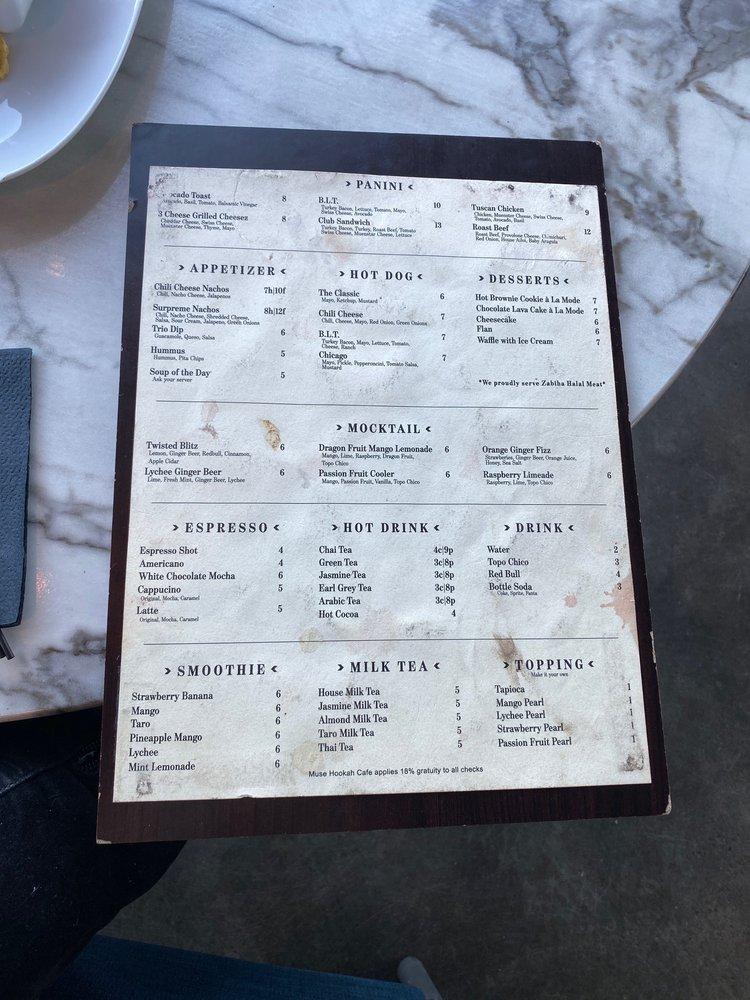 Menu at Muse Hookah Cafe, Sugar Land