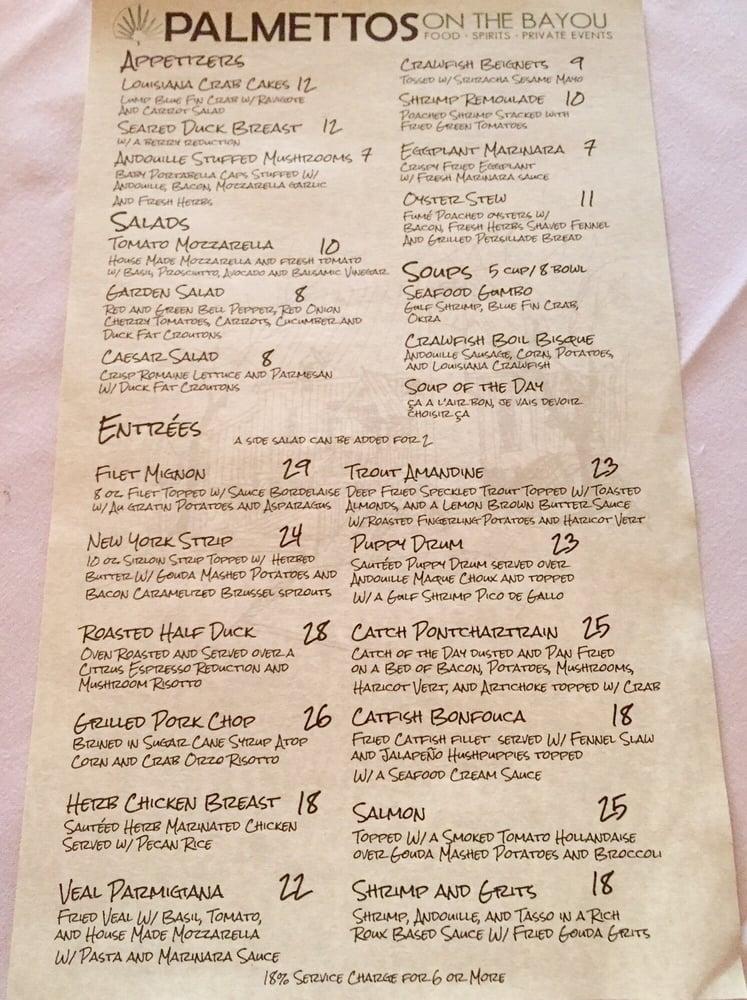 Menu at Palmettos On The Bayou restaurant, Slidell