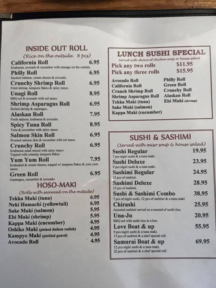 Menu at Samurai Japanese Steakhouse Hibachi & Sushi Bar, Andalusia