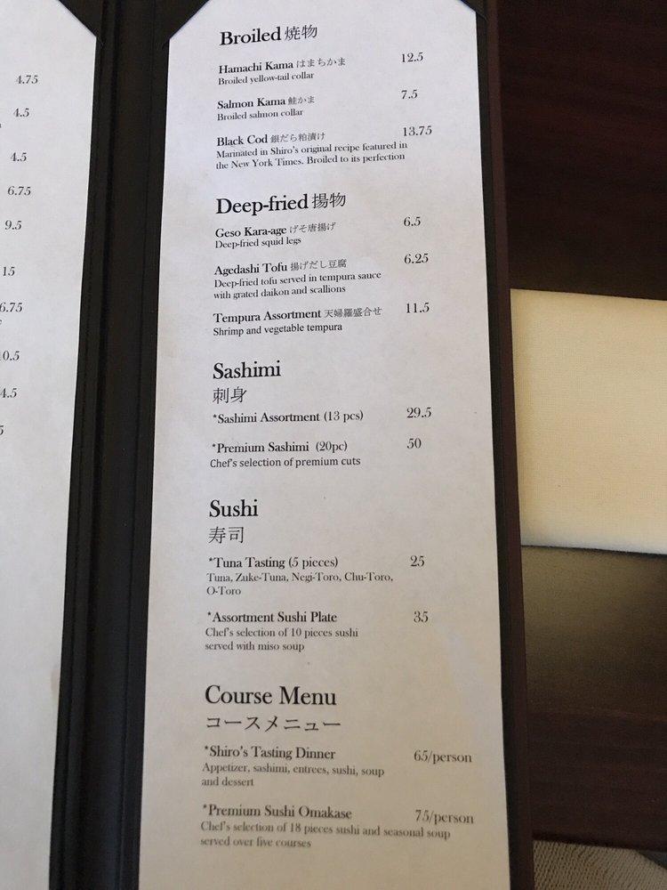 Menu at Shiro's Sushi restaurant, Seattle