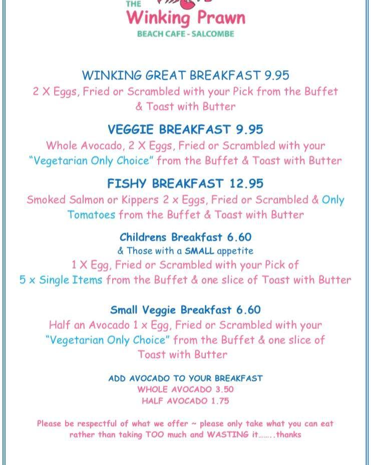 Menu at The Winking Prawn restaurant, Salcombe