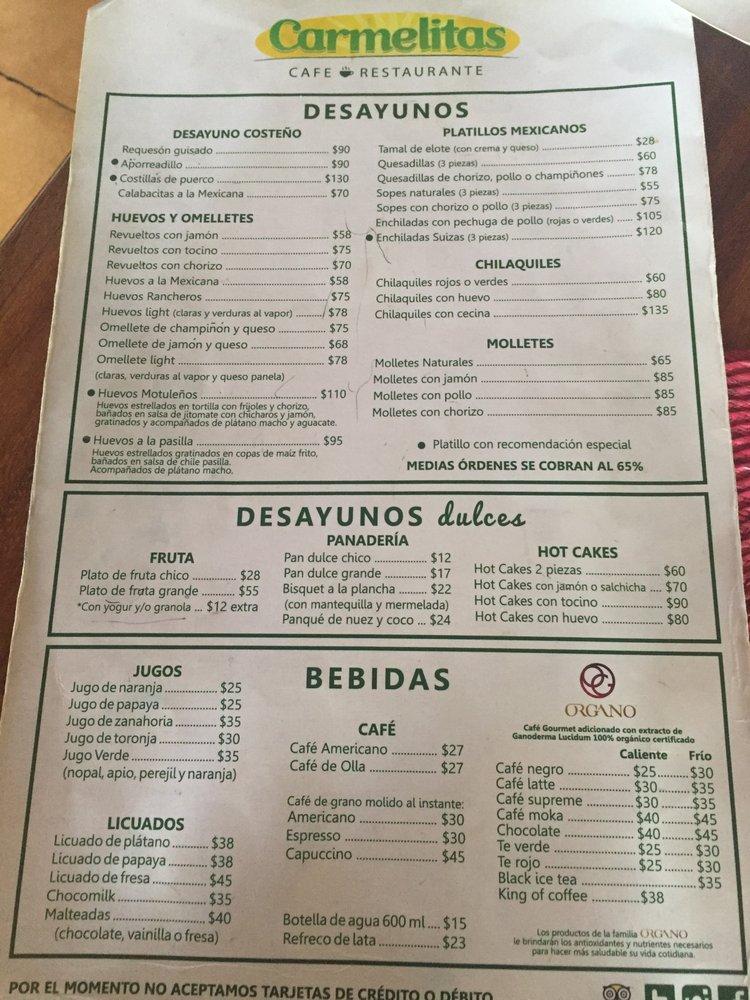 Menu at Carmelitas Café, Zihuatanejo, Avenida