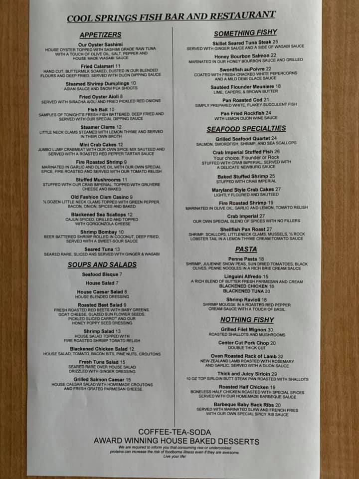 Carta de Cool Springs Fish Bar & Restaurant, Dover