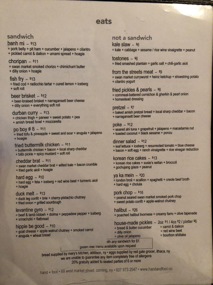 Menu at Hand + Foot pub & bar, Corning