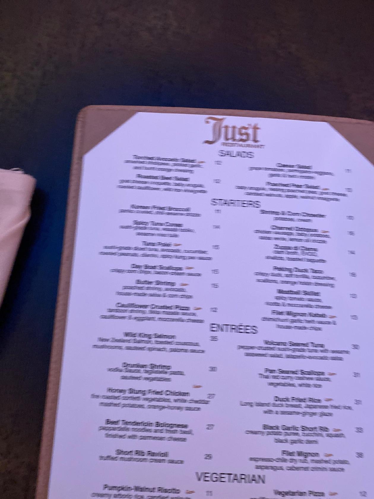 Menu at Just Restaurant, Old Bridge Township, US 9 South
