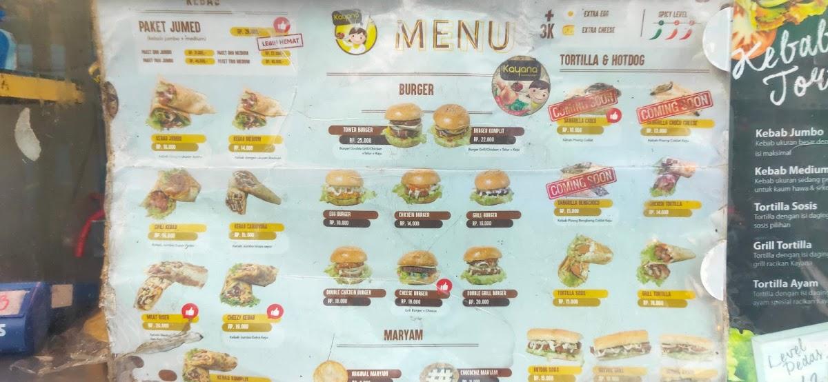 Menu at Kayana Kebab & Burger restaurant, Surabaya, Jl. Jawa No.72