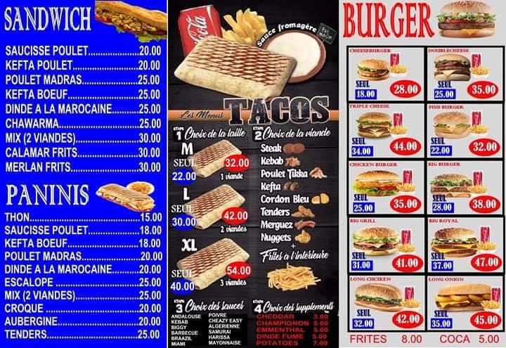 Speisekarte von Snack L'italiano Max Gzenaya fast Food, Tanger