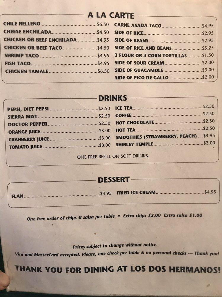 Menu at Los Dos Hermanos restaurant, Sierraville, 101 Battelle St